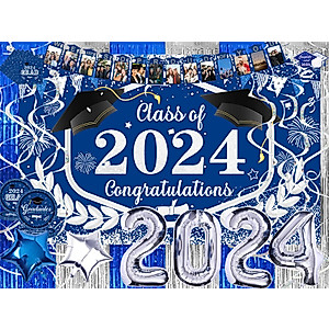Graduation Decorations Class Of 2024, 231PCS Party Decorations, Graduation Decorations with Backdrop balloons Paper Plate Cup Napkin Cutlery Tablecloth Balloon Garland (Blue and Silver)