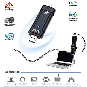Alfa Long-Range AWUS036EAC AC1200 Wireless USB Wi-Fi Adapter - USB Dongle Adapter for Ultimate Compactness Holder w/Clip & Suction Cup Included