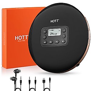 HOTT CD Player Portable with Bluetooth, Portable CD Player, CD-R,MP3 USB Rechargeable Walkman CD Player with Headphones and AUX Cable for Car Travel, Discman CD Player with Shockproof （CD711T）