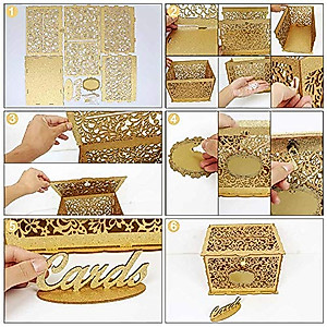 OurWarm Glittery Gold Wedding Card Box with Lock, Wood Gift Card Box Holder Money Box for Wedding Reception Birthday Party Baby Shower, Open House Celebration or Graduation Party Decorations