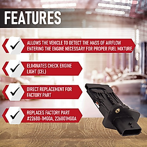 Mass Air Flow Sensor Assembly - Compatible with Infiniti & Nissan Vehicles - 2012-2017 - M35h, Q50, Q70, QX60, Altima, Sentra, Pathfinder - 1.8L, 2.5L, 3.5L - Replaces 22680-1MG0A, 226801MG0A, MAF0102