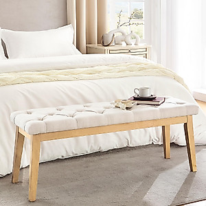 Upholstered Entryway Bench - End of Bed Bench with Padded Seat, Button Tufted Wood Frame (Beige-2)