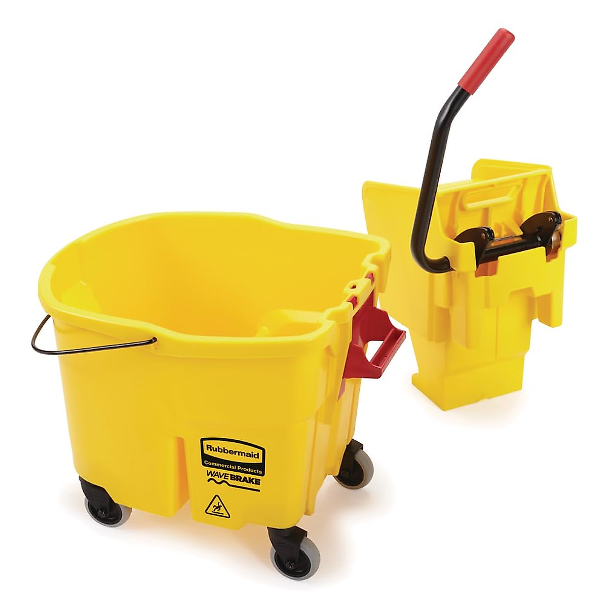 Rubbermaid Commercial Products, WaveBrake - Commercial Industrial Mop Bucket with Side-Press Wringer Combo on Wheels, 35 Quart, Yellow