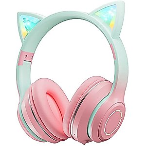Hilifix Bluetooth Headphones Over Ear, LED Light Up Cat Ear Kids Headphones, Foldable Stereo Headphones Wireless Wired Headphones with Microphone for School/Study/Travel/PC/iPhone/iPad (Pink+Green)