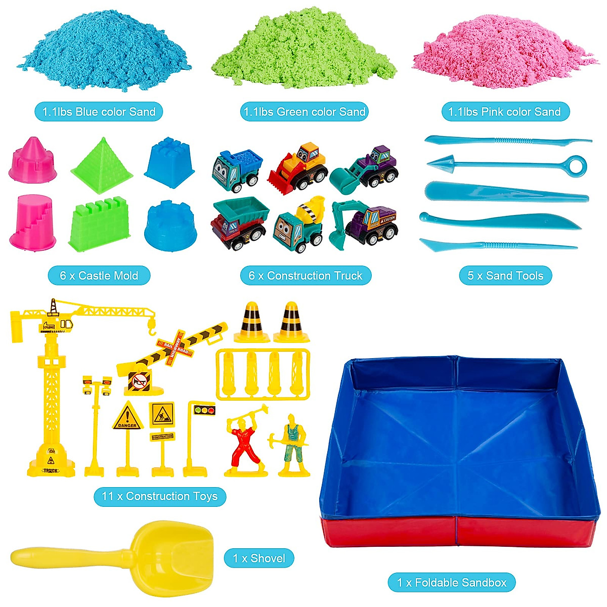 Play Sand Kit for Kids - 3.3lbs Space Sand with 3 Colors, Sand Molds Tools, Construction Trucks, Foldable Sandbox and Storage Box, 34 Pieces Sandbox Toys Set for 6 Year and up Boys Girls (Pink)