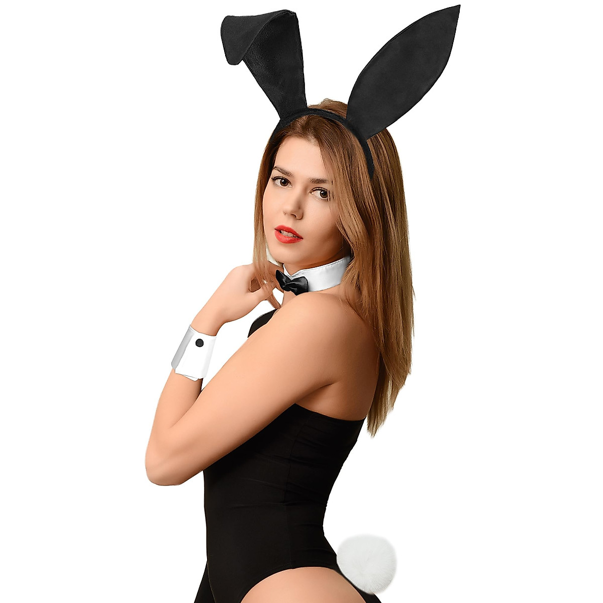 U-Goforst Women Bunny Costume Accessories Set, White and Black Bunny Ears Headband Collar Bow Tie Costume Cuffs Rabbit Tail for Adult Halloween Party