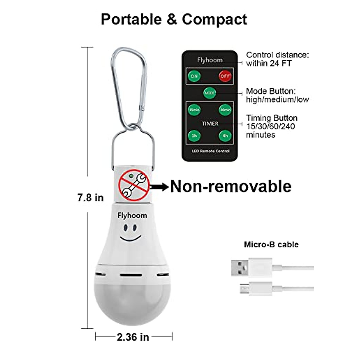 FLYHOOM Rechargeable LED Light Bulbs with Remote, 4 Light Modes & Timer, Portable 180LM Emergency Light Bulb LED Camping Light Bulbs with Clip Hook for Tent, Hiking, Home, Emergency