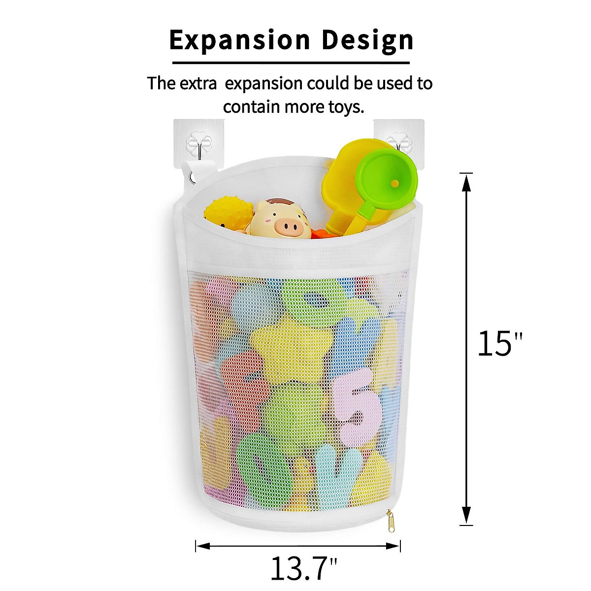 FHDS Clever Zippered Mesh Bath Toy Organizer, Multiple Ways to Hang, Ultra Large Capacity & Large Opening, Multi Use Bathtub Toy Storage Bag ( Large, White )