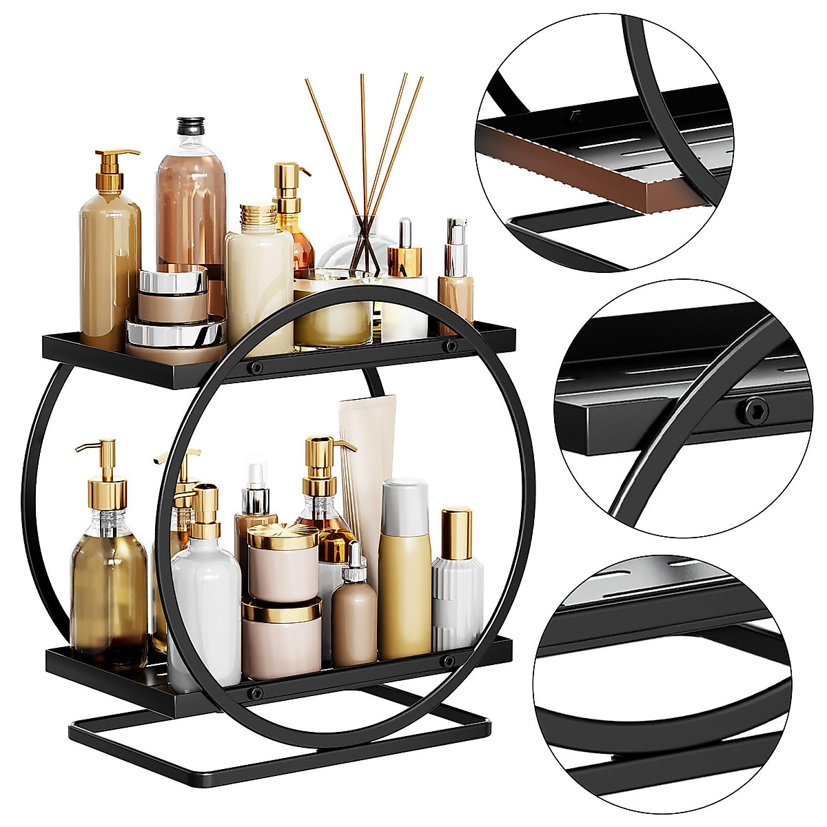 YFUIF 2 Tier Perfume Organizer, Bathroom Organizer Countertop, Dresser Makeup Vanity Skincare Storage Tray Shelf Rack Senior Room Decor Aesthetic Display Accessories (Black Gold)