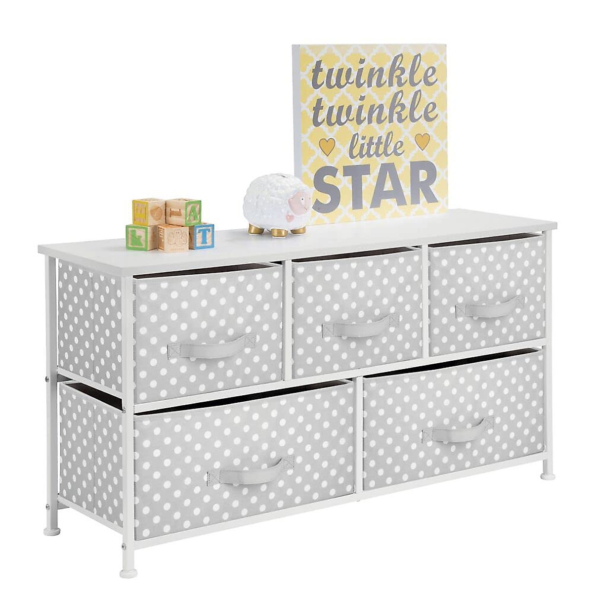 mDesign 21.65" High Steel Frame/Wood Top Storage Dresser Furniture with 5 Fabric Drawers, Wide Bureau Organizer for for Baby, Kid, and Teen Bedroom, Nursery, Playroom, Dorm - Gray/White Polka Dot