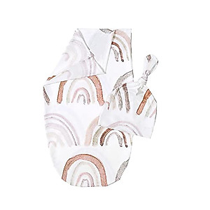 Baby Cocoon Swaddle Blanket Newborn Girl Swaddle and Headband Set Purple Soft Stretchy Flowers Floral Print Wrap Shower Gift (Rainbow)