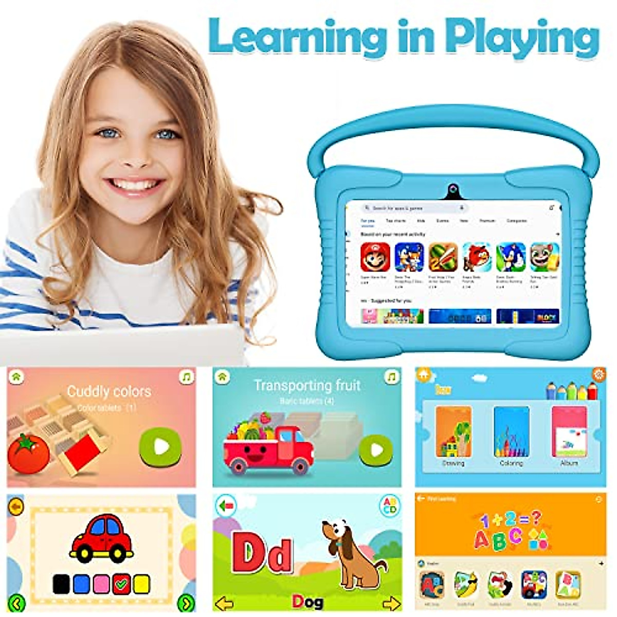 2023 Newest Kids Tablet, 7 Inch Tablet for Kids, 2GB 32GB(Support 128GB Expand), Parental Control Android 11.0, WiFi Bluetooth Dual Camera, YouTube, Netflix, Disney Plus, Case with Stand(Blue)