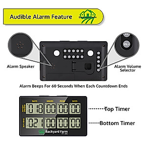 BACKYARD FARM Dual Countdown Egg Incubator Double Timer for Timing Days/Hours/Minutes/Seconds Time Two Events When Incubating & Hatching Chick Quail Bird Duck or Reptile Eggs