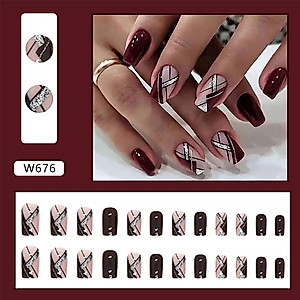 Press on Nails Medium Square Fake Nails French Tip False Nails with Designs Black Heart Pink Acrylic Full Cover Stick on Nails Nude Glossy Glue on Nails Reusable Nude Artificial Nails for Women Girls 24pcs
