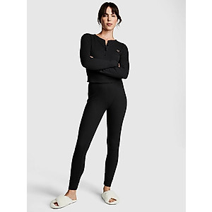 Victoria's Secret PINK Thermal Cropped Long Sleeve Shirt and Legging Pajama Set, PJ Set for Women, 2 Piece Lounge Set PJs, Women's Sleepwear, Black (XL)