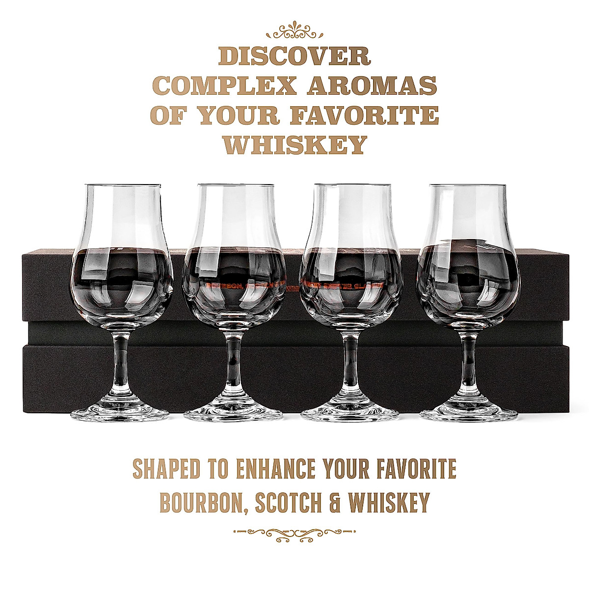 Whiskey, Scotch, Bourbon Tasting Glasses | Set of 4 Crystal Snifters | Professional 4 oz Tulip Shaped Nosing Copitas with Short Stem | Small Stemmed Gift Sniffers for Sipping Neat Liquor