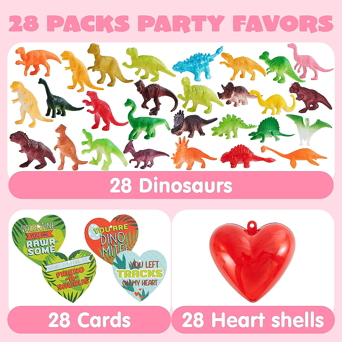 JOYIN 28 Pack Valentine Day Gift for Kids, Dinosaur Toys Figures Filled Hearts with Valentine Cards for Kids Classroom Exchange Party Favors, Valentine Gift Exchange, Game Prizes Carnivals Gift