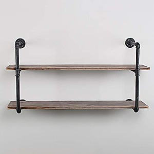 Womio Industrial Pipe Shelving Wall Mounted,Rustic Metal Floating Shelves,Steampunk Real Wood Book Shelves,Wall Shelf Unit Bookshelf Hanging Wall Shelves,Farmhouse Kitchen Bar Shelving(2 Tier,48in)