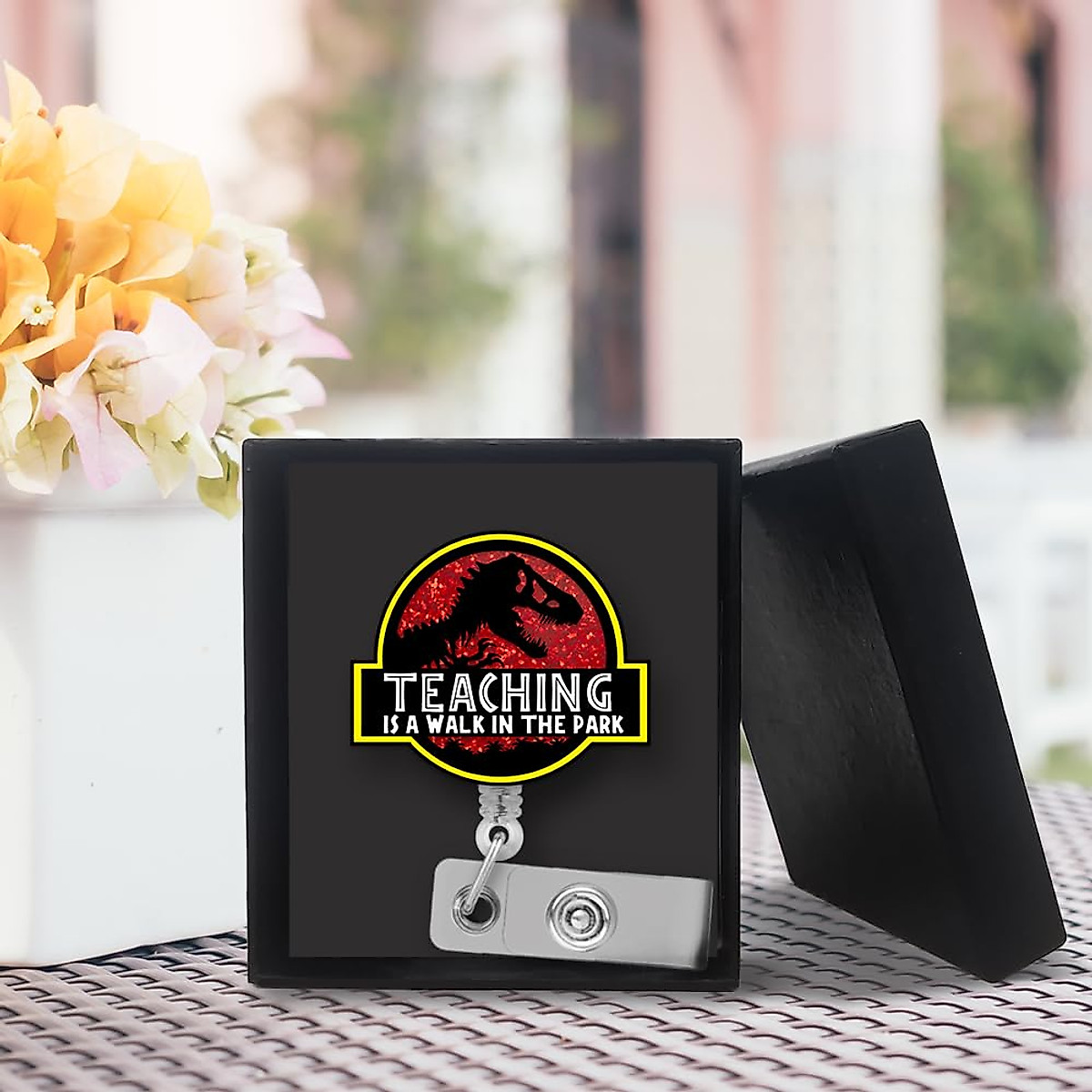 QYUVK Retractable Teaching is A Walk in The Park Badge Reel with Alligator Clip, Funny Red Glitter Dinosaur Badge Holder Gift for Teachers School Counselor Coworker Friends