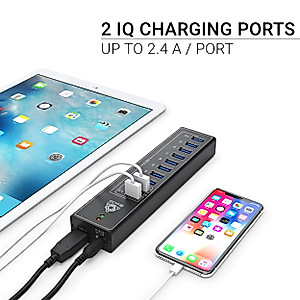 BrovSS: 10 Port Powered USB 3.0 Hub Aluminum with 4 IQ Ports - USB 3 Splitter with 12V 3A 36W Power Adapter. Connect up to 10 Electronics and USB peripherals (Black)
