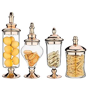 MyGift 4pcs Clear Glass Apothecary Jars with Metallic Copper-Tone Lids