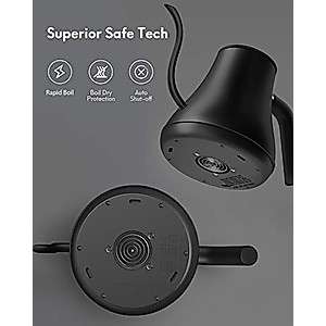 Gooseneck Kettle Temperature Control, Pour Over Electric Kettle for Coffee and Tea, 100% Stainless Steel Inner, 1200W Rapid Heating, 0.8L, Built-in Stopwatch, Matte Black