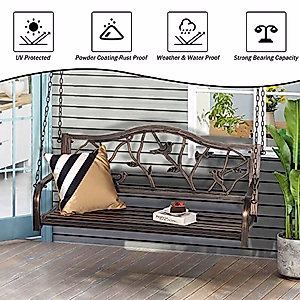 PHI VILLA Outdoor Metal Porch Swing, Outdoor Steel Hanging Swing Chair Patio Bench Swing with Sturdy Chains & Bird Pattern Backrest, 450lbs Weight Capacity for Porch, Deck-Bronze