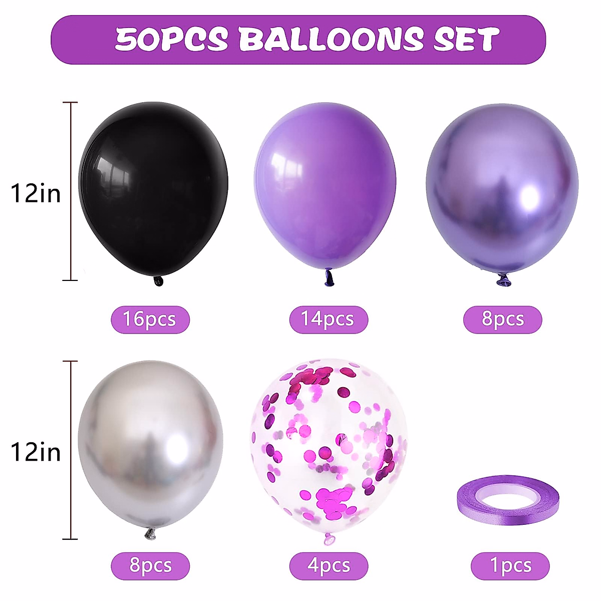 50Pcs Purple and Black Balloons, 12inch Purple Metallic Silver Black Balloons Purple Confetti Balloons with Ribbons for Halloween Decorations Birthday Party Anniversary Graduation Decoration
