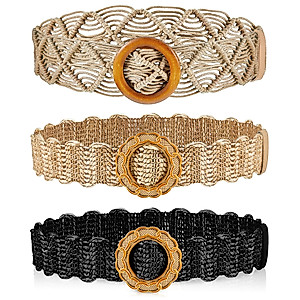 Hercicy 3 Pcs Rattan Straw Woven Belt Bohemian Waist Rope Braid Belts for Women, Trendy Boho Ladies Skinny Dress Belt Multicolor