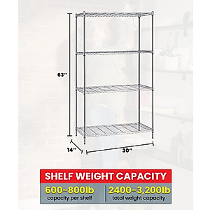 Quantum Storage Systems WR63-1430C Starter Kit for 63" High 4-Tier Wire Shelving Unit, Chrome Finish, 800 lb. Per Shelf Capacity, 14" Width x 30" Length x 63" Height