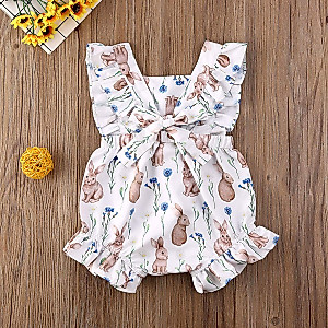 Lamuusaa Infant Baby Girls Easter Bunny Romper Ruffled Sleeveless Bodysuit One-Piece Jumpsuit Shorts Summer Outfits 3-18M (White, 9-12M)
