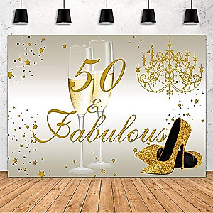 MEHOFOND Happy 50th Birthday Backdrop for Women 50th Birthday Decoration Banner Gold High Heels and Champagne Fabulous 50th Birthday Photography Background Studio Props Banner Vinyl 7x5ft
