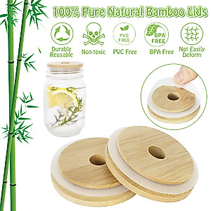 COLOROUND【REGULAR Mouth Lids】2 Pack Mason Jar Lids with Straw Hole Regular Mason Jar Cup Lids Reusable Bamboo Lids Mason Jar Tops with 3 Stainless Steel Straws & 1 Brush for Regular Mouth Mason Jars