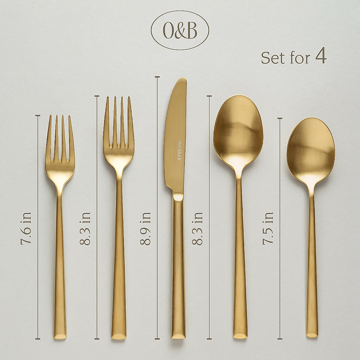over&back 20pc Modern Flatware Cutlery Set - Comes with 4 Dinner Forks, 4 Salad Forks, 4 Dinner Knives, 4 Dinner Spoons, and 4 Teaspoons - 18/8 Stainless Steel - Dishwasher-Safe - Matte Gold