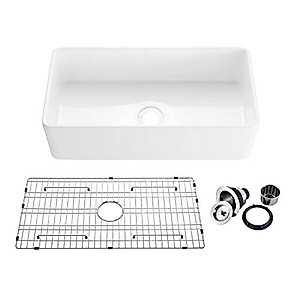 KIBI K2-SF36 Single Bowl Heat Safe Glazing Fireclay Farmhouse Kitchen Sink Apron Front 36 inch with Bottom Grid and Strainer (Pure series) (White)