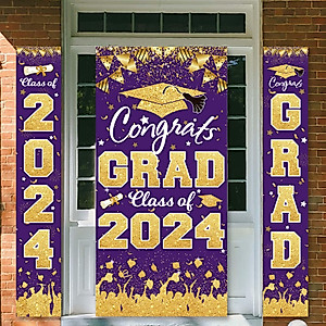 2024 Graduation Party Decorations - Purple Gold Class of 2024 Congrats Grad Banner 2024 Graduation Party Supplies Front Door Cover Porch Sign Banner Wall Backdrop Decor
