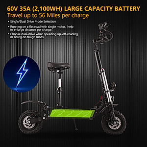 35AH 5600W Electric Scooter Adults 50 MPH Off Road Sport Scooter with Seat,60V Dual Drive 56 Miles Range 11" Off Road Tires,Heavy Duty 440 LBS Load Dual Braking System & Dual 2 Chargers