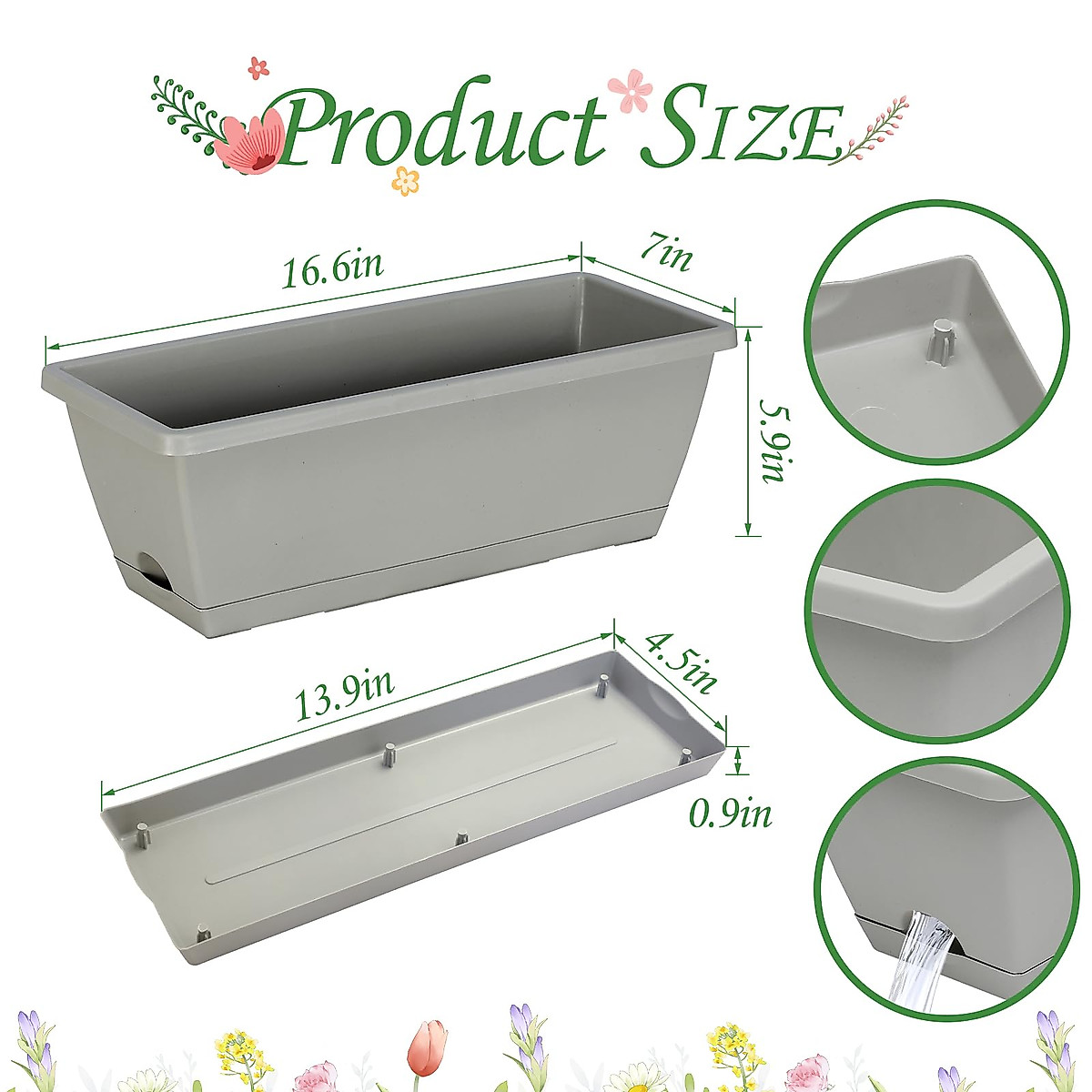 Lysjtsr 12Pcs 17Inches Rectangle Planter Box with Drainage Holes and Trays Plastic Planters Flower Boxes Pots for Indoor Outdoor Plants Patio Garden Home Decor Porch Yard (Gray)