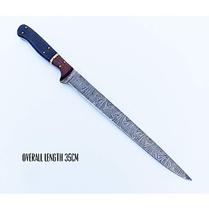 Nooraki F110N Handmade Damascus Steel Large Fillet Knife Hunting Fishing, Full Tang Wood & Horn Handle, 13.5 inch Sharp