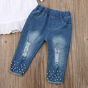 Kids Toddler Baby Girl Pants Set Off Shoulder Short Puff Sleeve Lace T-Shirt Sweatshirt Tops with Pearl Ripped Jeans Clothes Outfit (White, 5-6 Years)