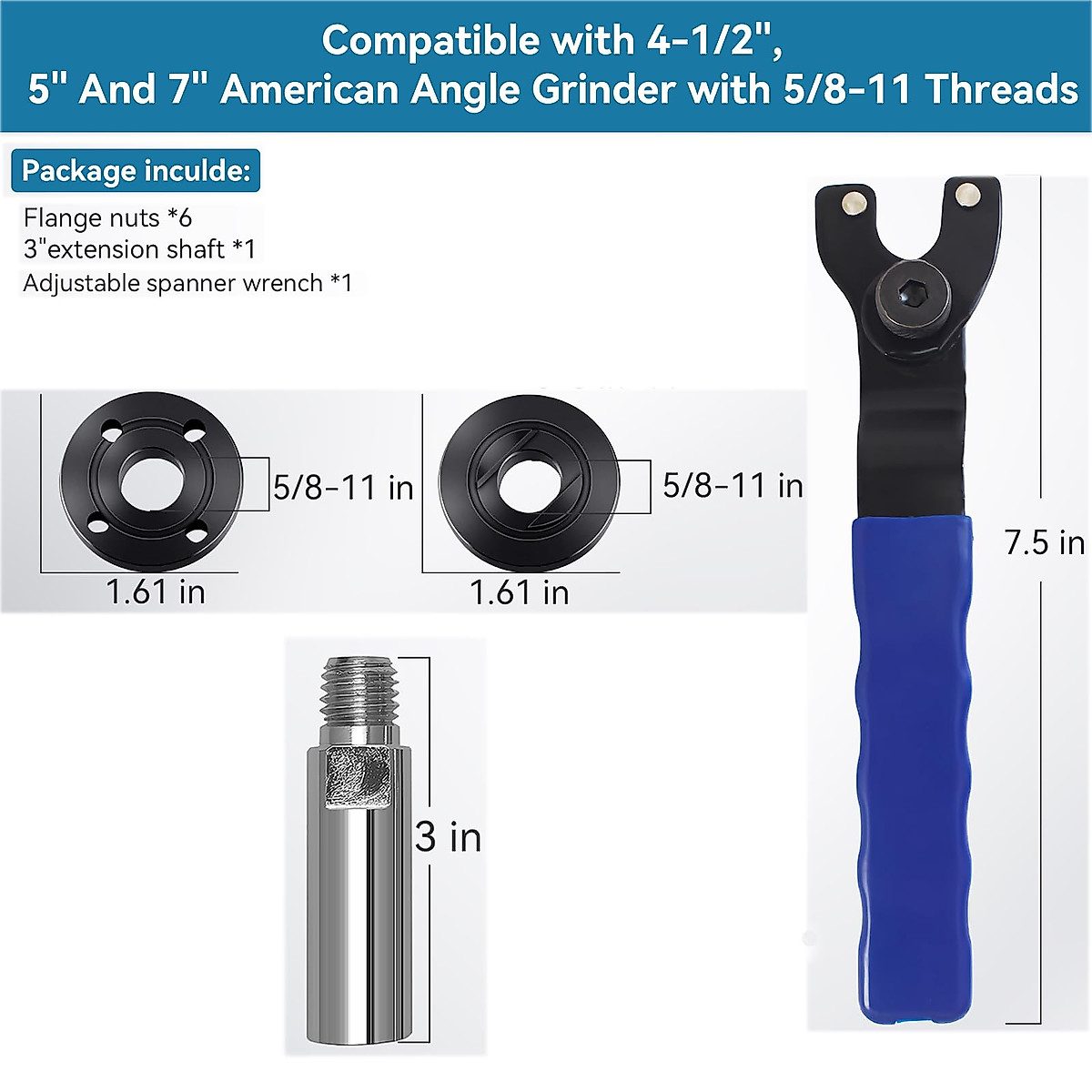 Juvaeny Angle Grinder Wrench 5/8"-11 Angle Grinder Extension Shaft with 6pcs Spanner Flange Grinder Nut, Combo 8Pack Angle Grinder Power Tool Compatible with Dewalt/Milwaukee/Ryobi/Metabo/Bosch