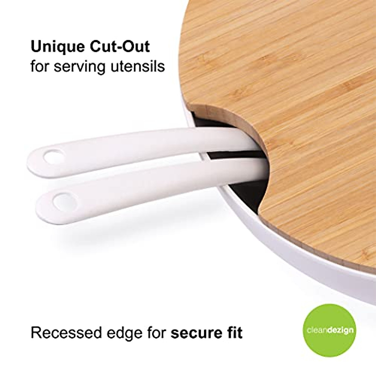 Clean Dezign 11.5" Large Salad and Serving Bowl with Bamboo Wood Lid and Servers Set - Bamboo Fiber Mixing Bowl and Utensils with Wooden Cutting Board Top (Large, Natural White)