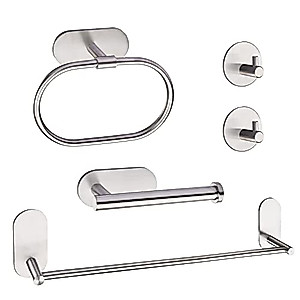 HouseAid 5-Piece Self Adhesive Towel Holder Set for Bathroom, Adhesive Bathroom Hardware Accessories Including Towel Ring, Toilet Paper Holder, 18” Towel Bar and 2 Towel Hooks, Brushed Nickel