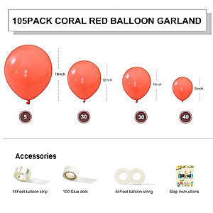 Coral Balloons 105Pcs 18/12/10/5 Inch Different Sizes Coral Red Balloon Arch Kit for Birthday Baby Shower Wedding Bridal Graduation Decoration Valentines Party Supplies