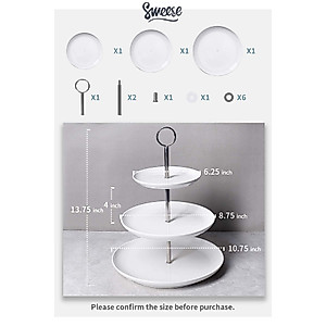 Sweese 10inch Porcelain Cake Stand Round Dessert Stand White + 3 Tier Cupcake Stand Porcelain Dessert Stand White
