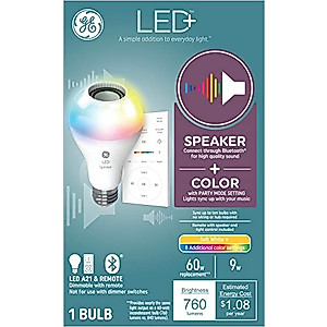 GE LED+ Color Changing Speaker LED Light Bulb with Remote, Multicolor + Warm White, A21 Standard Bulb