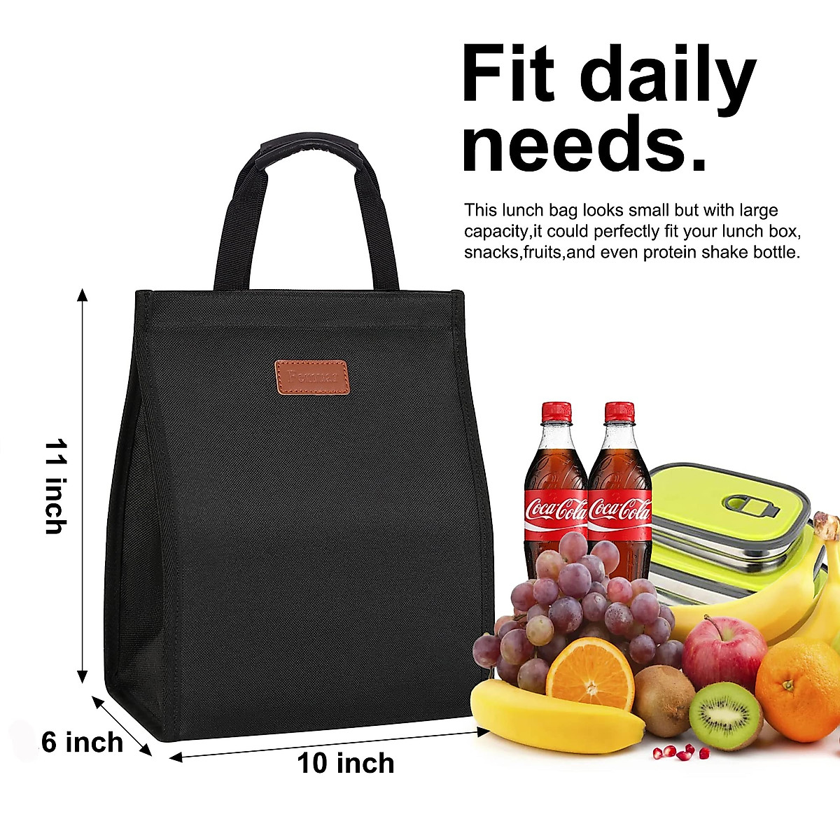 Femuar Lunch Bags for Women,Waterproof Reusable Lunch Tote with Internal Pocket，Black Lunch bag for Work/School/Travel/Picnic