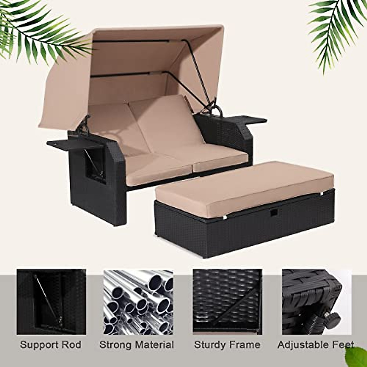 B BAIJIAWEI Outdoor Wicker Loveseat - Patio Furniture Set with Retractable Canopy, Adjustable Back, Side Table, Ottoman, Cushion - PE Rattan Sofa Set for Garden Poolside Backyard Lawn Porch