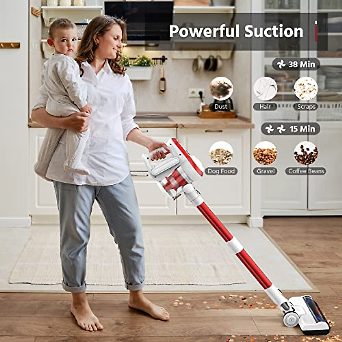 Micol Cordless Vacuum Cleaner, Lightweight Stick Vacuum with 2 Modes Powerful Suction, Max 38mins Runtime, Detachable Battery, 6 in 1 Household Vacuum Cleaner for Home Hard Floor Carpet Pet Hair Car
