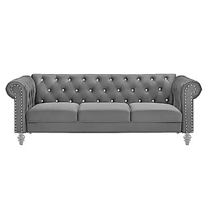 New Classic Furniture Glam Emma Velvet Three Seater Chesterfield Style Sofa for Small Spaces with Crystal Button Tufts, Gray